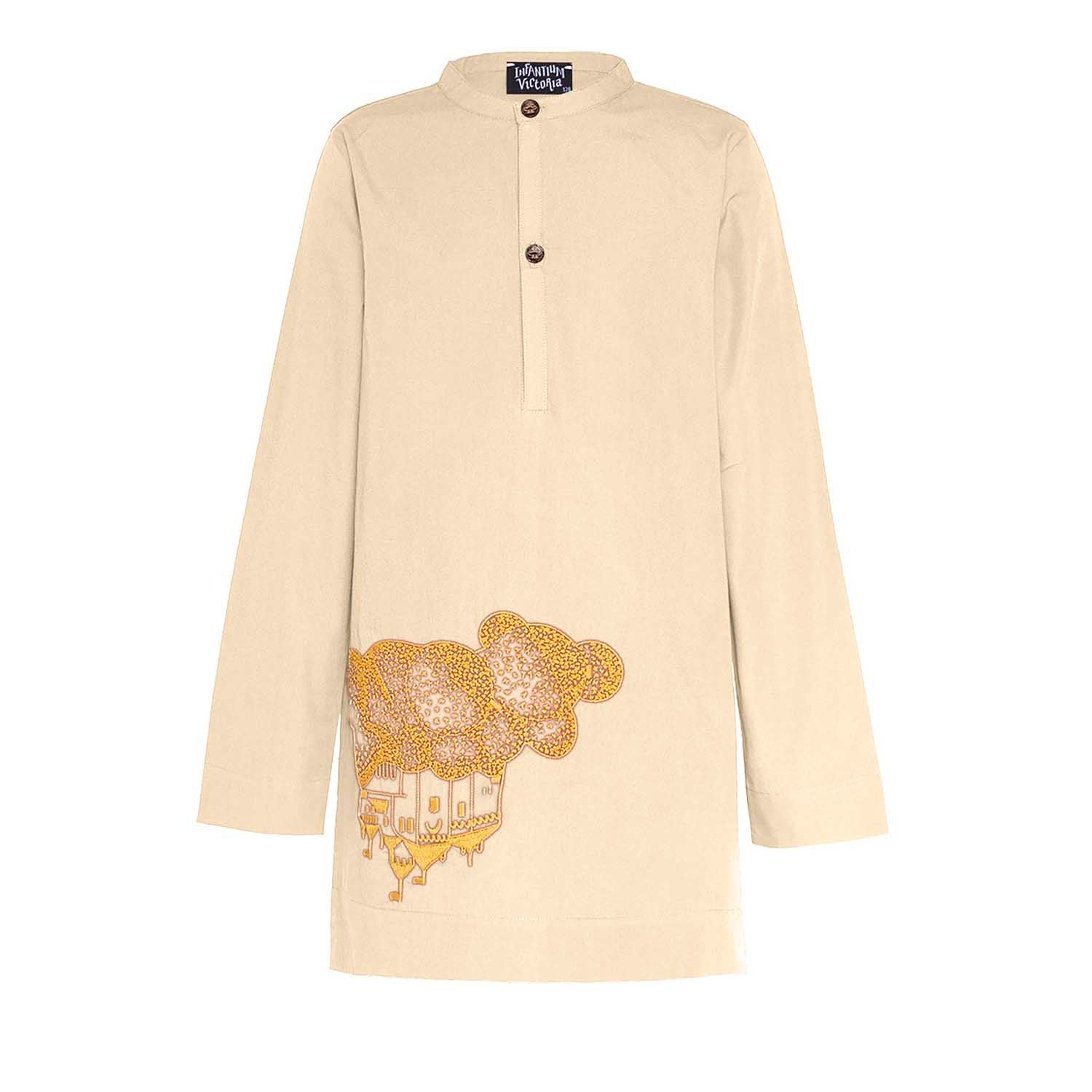 Beige Kids Tunic with Golden Castle Embroidery | 100% Organic Cotton